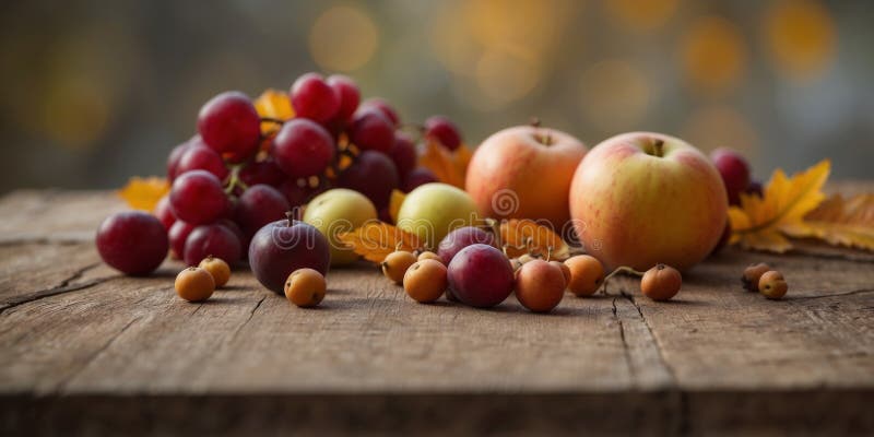 Autumn Fruits and Leaves on Rustic Table. Stock Illustration ...