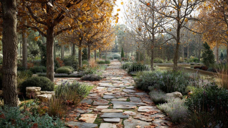 Autumn Garden Path: Stone Walkway through Golden Leaves Stock ...