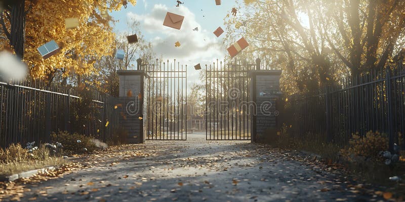 Autumn Gate Fall Leaves Sunlit Path Serenity Background Wallpaper Stock ...