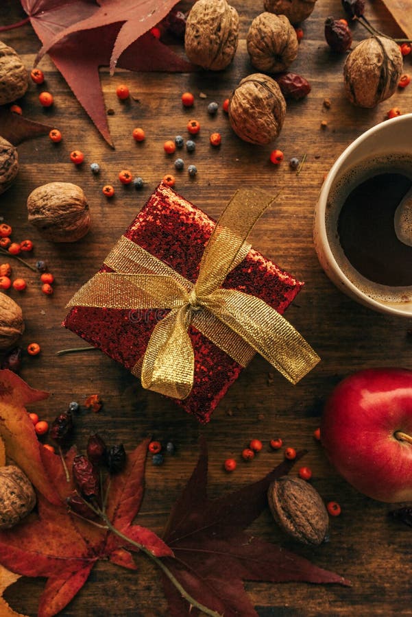 Autumn Gift Box with Cup of Coffee Stock Image - Image of handmade ...