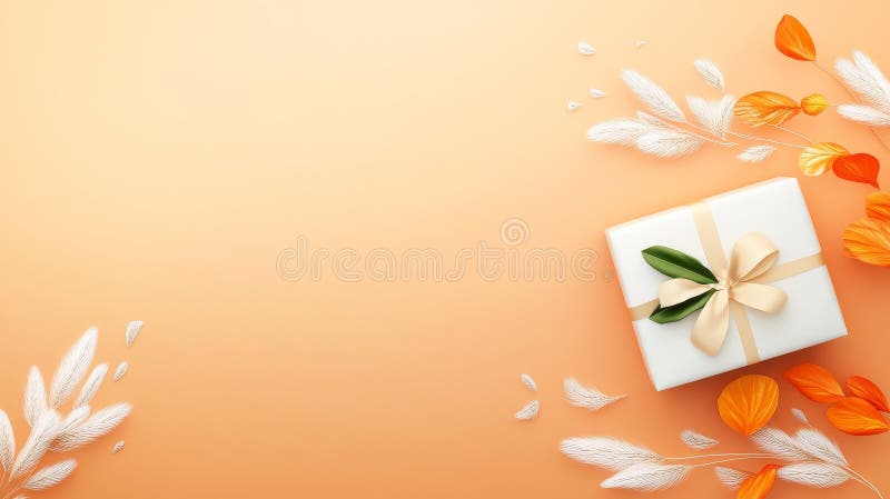Autumn Gift Box on Peach Background Gift Autumn Leaves Pampas Grass ...