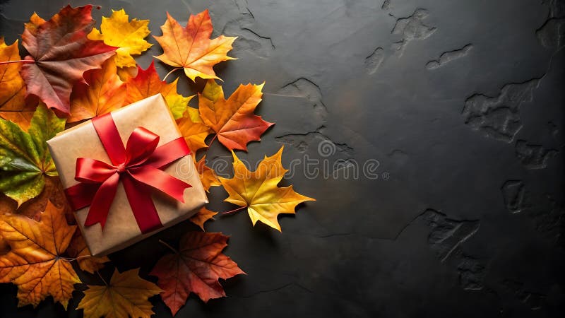 Autumn Gift Box with Red Bow and Fall Leaves on Black Background Stock ...