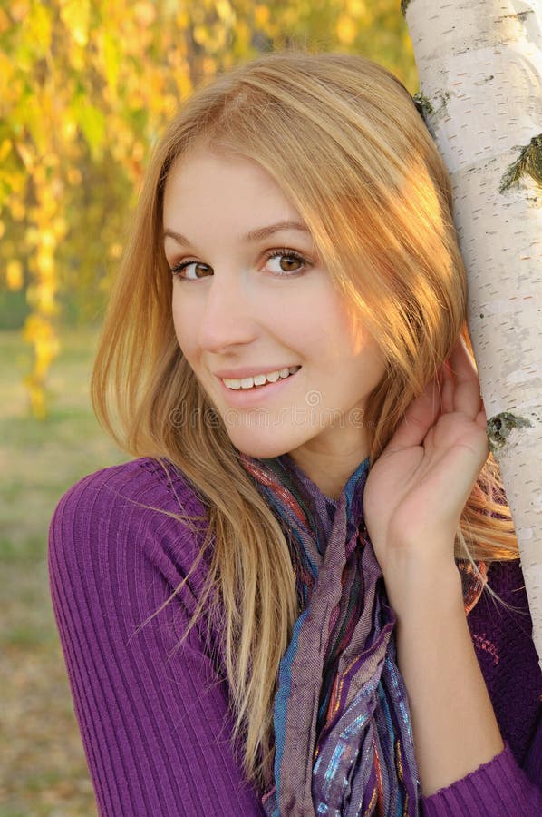 Autumn girl portrait stock photo. Image of female, birch - 27818176