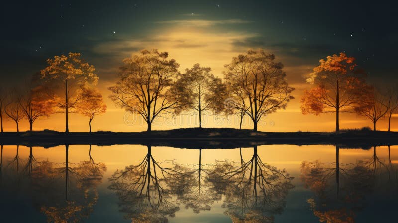 Autumn Golden Trees Reflected in the Water at Sunset Stock Illustration ...