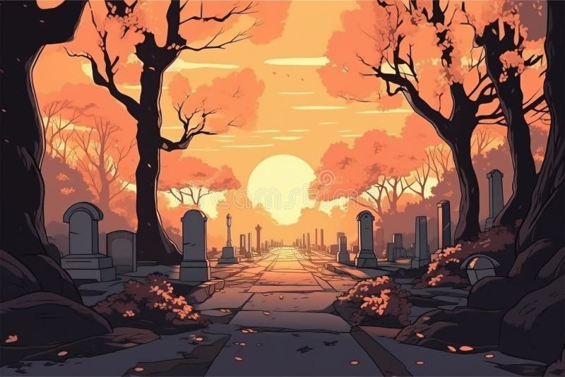 Autumn Graveyard Scene with Setting Sun Stock Illustration ...