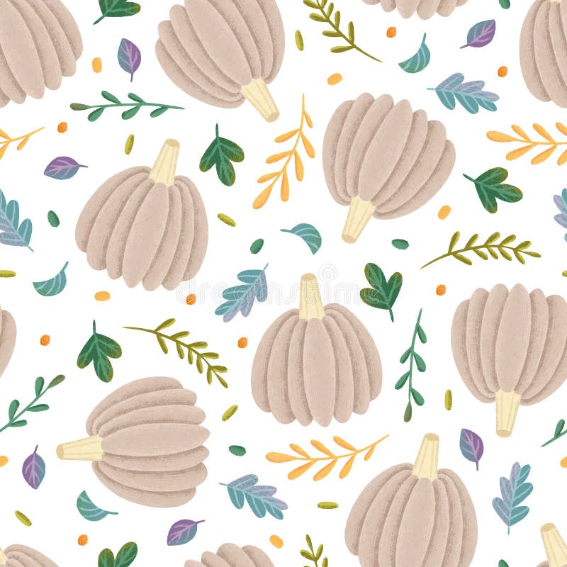 Autumn Grey Pumpkins and Colorful Leaves Seamless Pattern Stock Vector ...