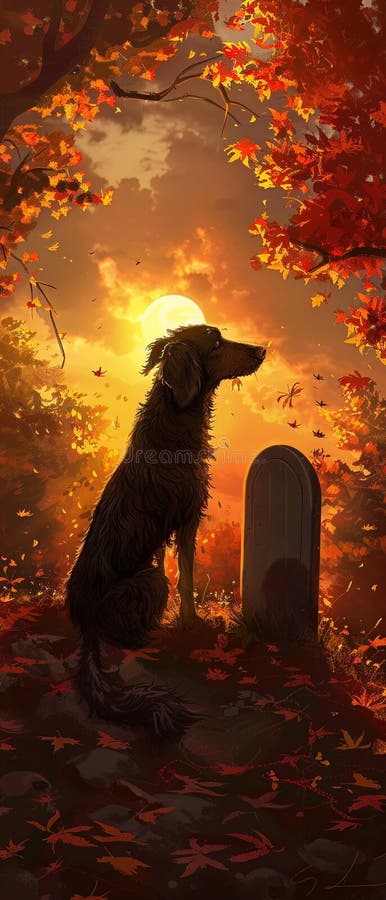 Autumn Guardian a Loyal Dog beside a Grave Sunset Vigil Stock ...