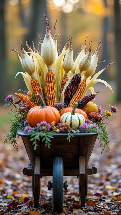 Autumn Harvest Arrangement with Pumpkins and Corn in Wheelbarrow in ...