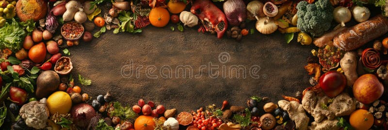 Autumn Harvest Border with Diverse Fruits and Vegetables on Rustic ...