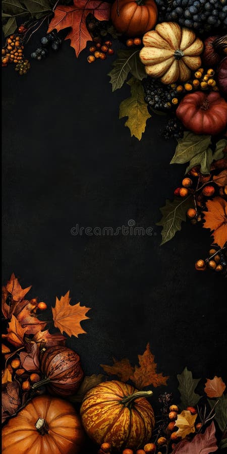 Autumn Harvest Border with Pumpkins and Leaves on Dark Background Stock ...