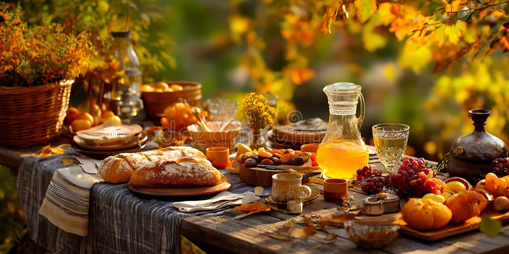 Autumn Harvest a Bountiful Table Setting Stock Illustration ...