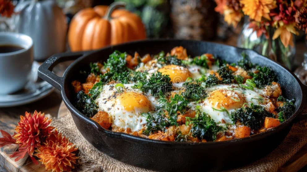 Autumn Harvest Breakfast Hash with Fried Eggs Stock Illustration ...