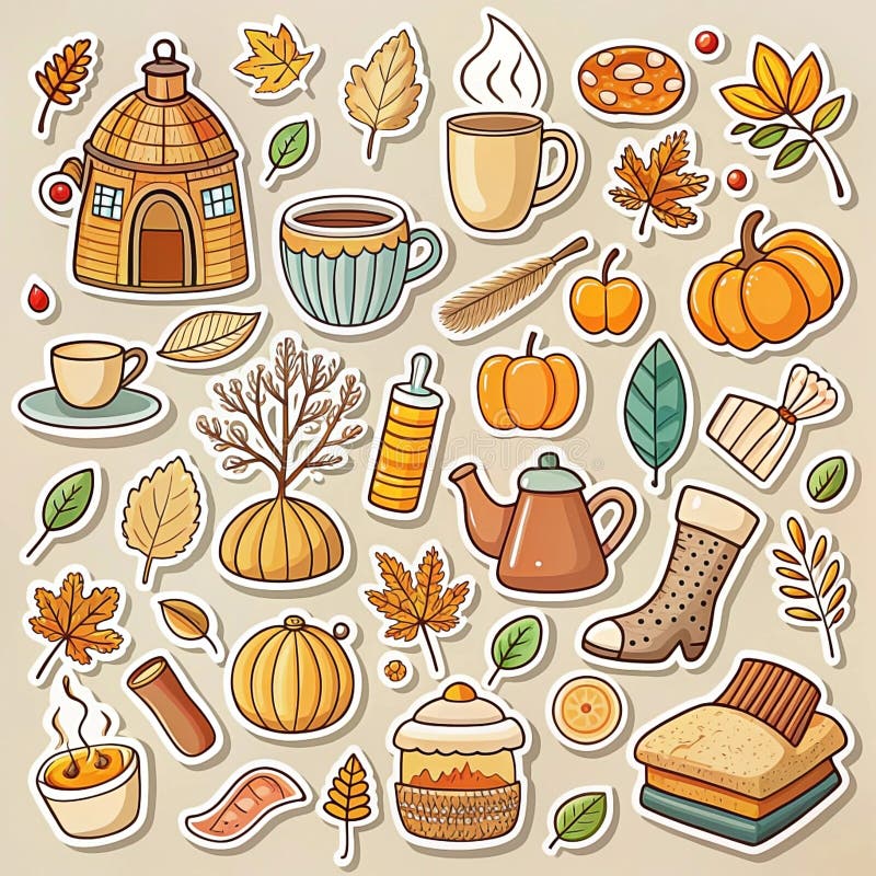 Autumn Harvest Cozy Fall Stickers Background Design Stock Illustration - Illustration of boot ...