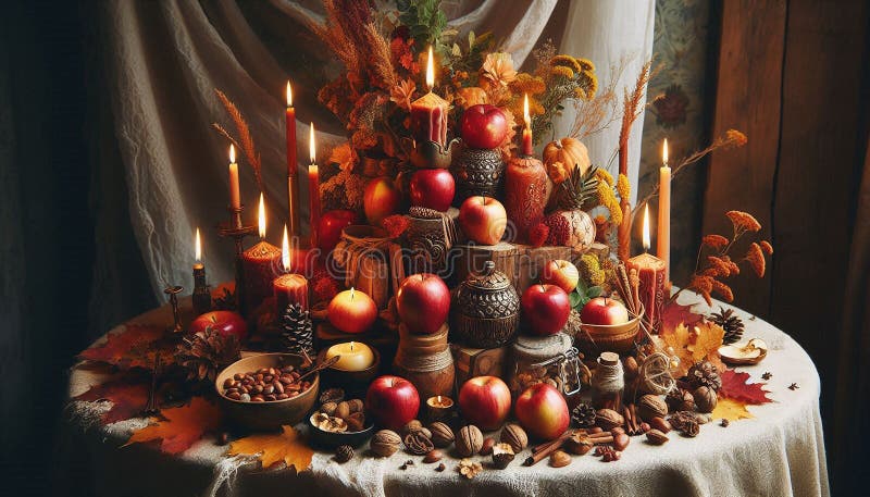 Autumn Harvest Display with Apples and Candles Stock Illustration ...