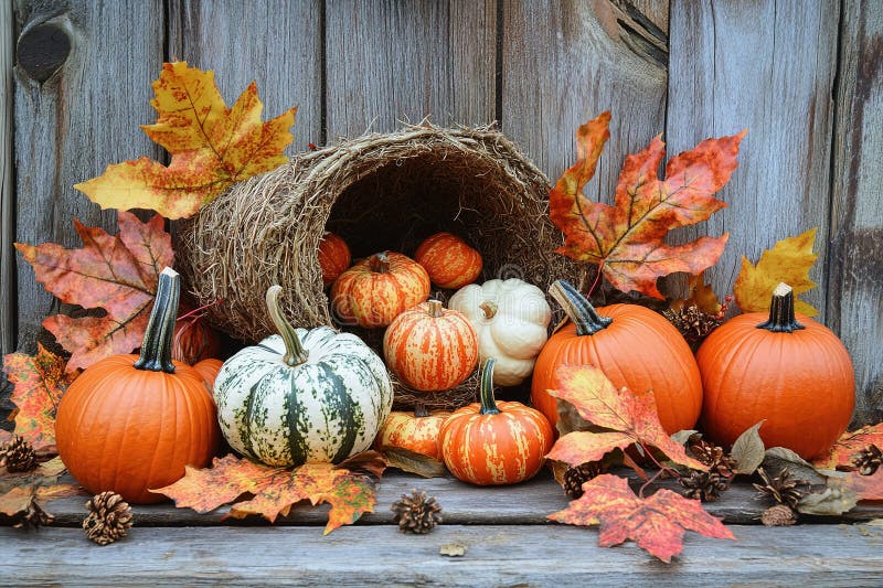 Autumn Harvest Display with Cornucopia Filled with Pumpkins and ...