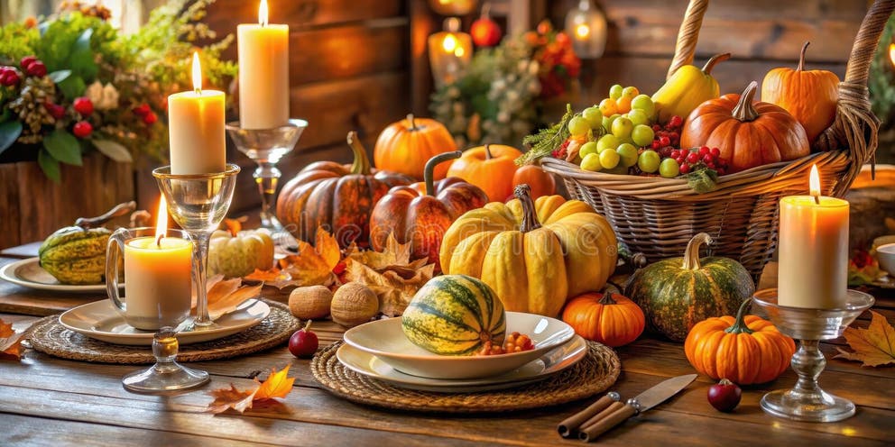 Autumn Harvest Feast Table Setting with Candles and Gourds. Generative ...