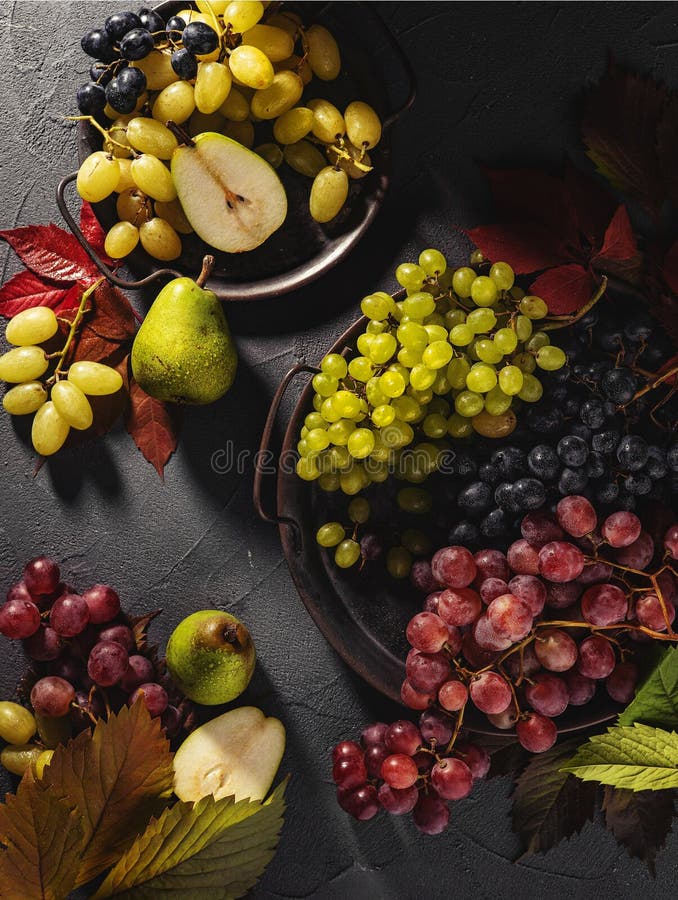 Autumn Harvest of Fruits, Pears, Grape on the Table. Stock Photo ...