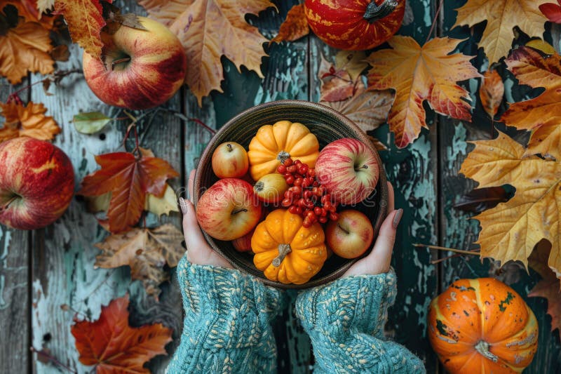 Autumn Harvest: Hands Holding Bowl of Pumpkins, Apples, and Fall Leaves ...