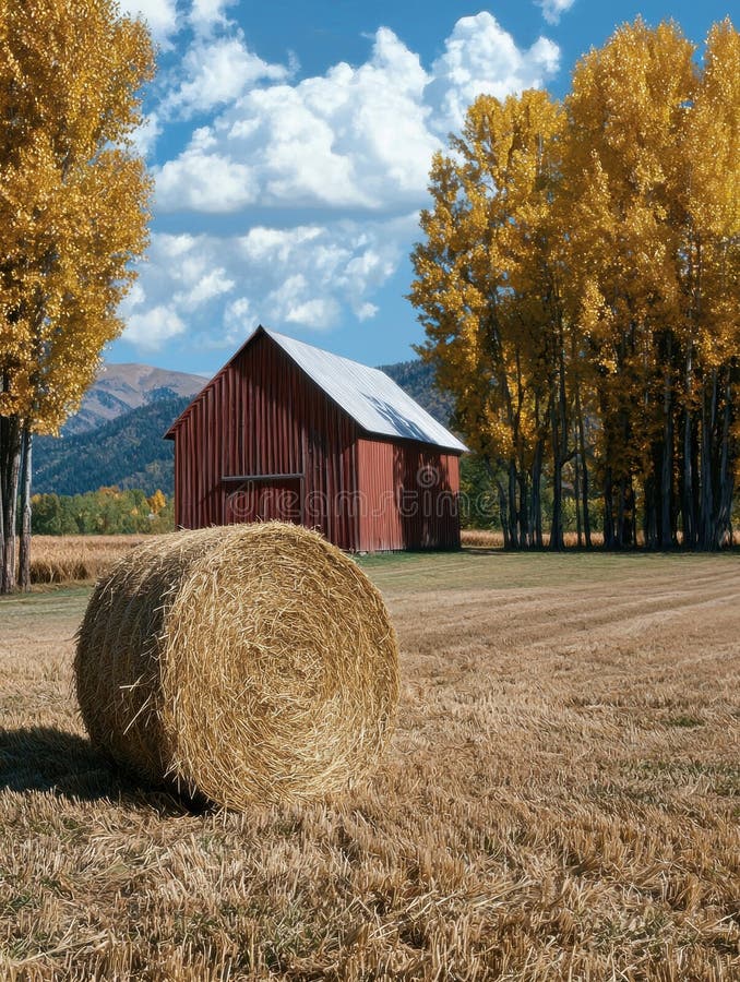 Autumn Harvest: Hay Bale in Front of Rustic Barn Stock Illustration ...