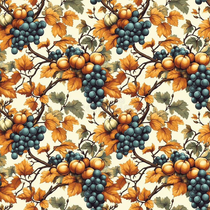 Autumn Harvest Pattern with Grapes and Leaves - Seamless Design for ...