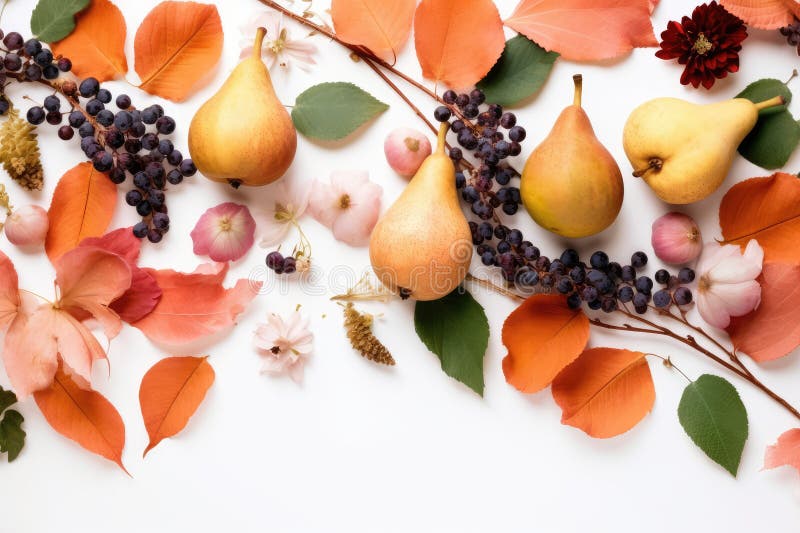 Autumn Harvest Pear, Berries, Bright Leaves on a White Background ...