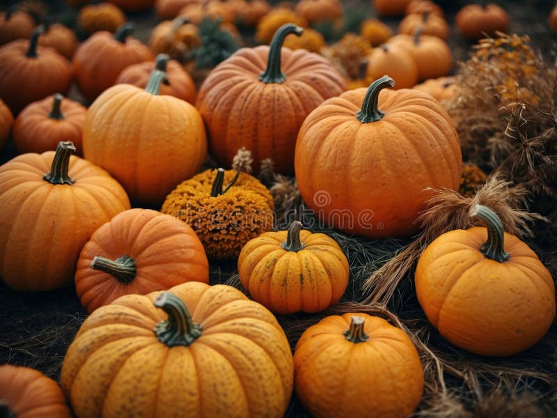 Autumn Harvest Pumpkins Display with Colorful Foliage. Stock Photo ...