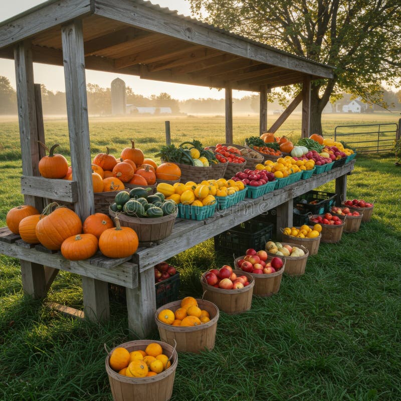 Autumn Harvest at a Rustic Farm Stand Stock Illustration - Illustration of seasonal, apples ...