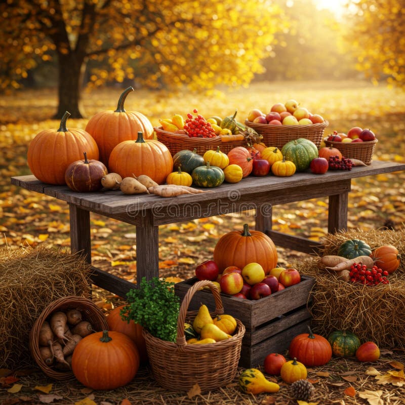 Autumn Harvest Scene with Pumpkins Apples and Vegetables Stock ...