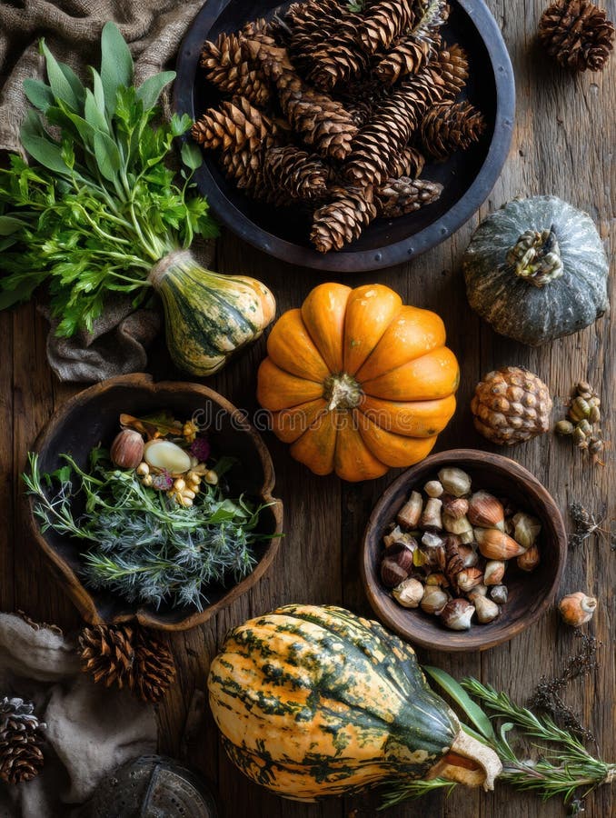 Autumn Harvest Table Featuring Squash, Herbs, and Pinecones in a Rustic ...