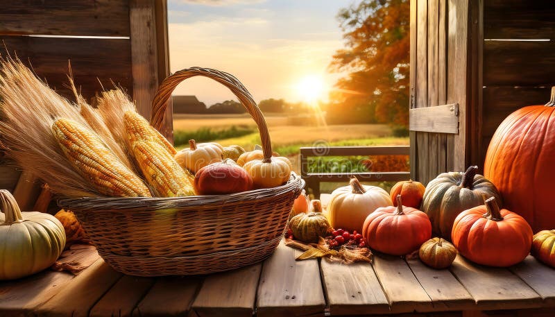 Autumn Harvest Table in a Rustic Barn Featuring Pumpkins, Corn, and a ...