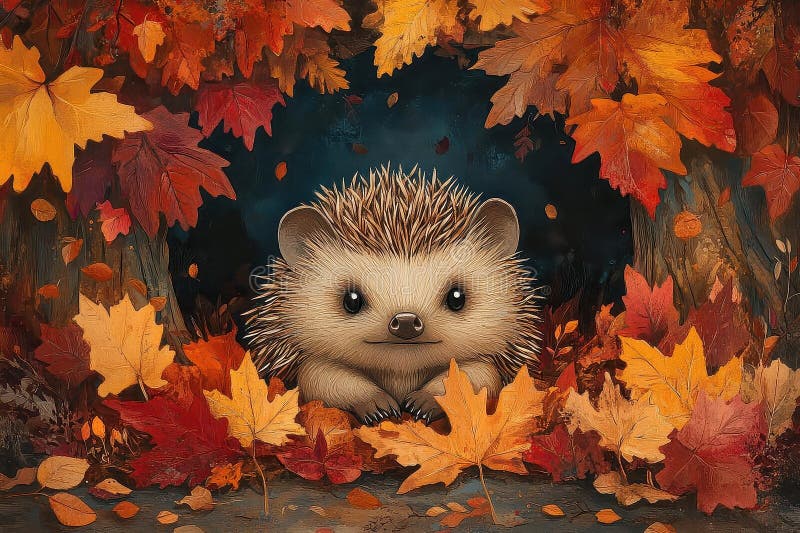 Autumn Hedgehog in a Bed of Leaves Stock Illustration - Illustration of ...