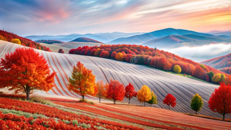 Autumn Hillside with Red and Orange Trees at Sunrise Stock Illustration ...