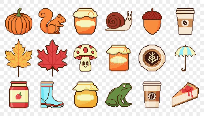 Autumn Icon Set. Pixel Art Objects in 8 Bit Style Stock Vector ...