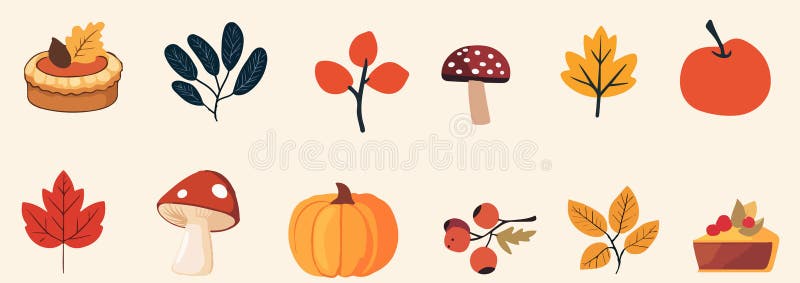 Autumn Harvest Icons with Pumpkins, Mushrooms, Leaves, and Seasonal ...