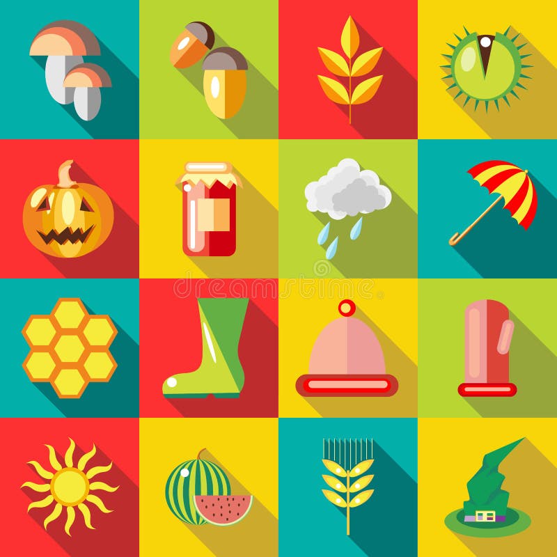 Autumn Icons Set, Flat Style Stock Vector - Illustration of october ...