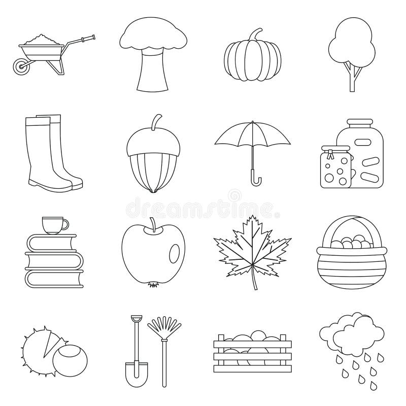 Happy Thanksgiving Day Cartoon Icons and Objects Set. Black and White ...
