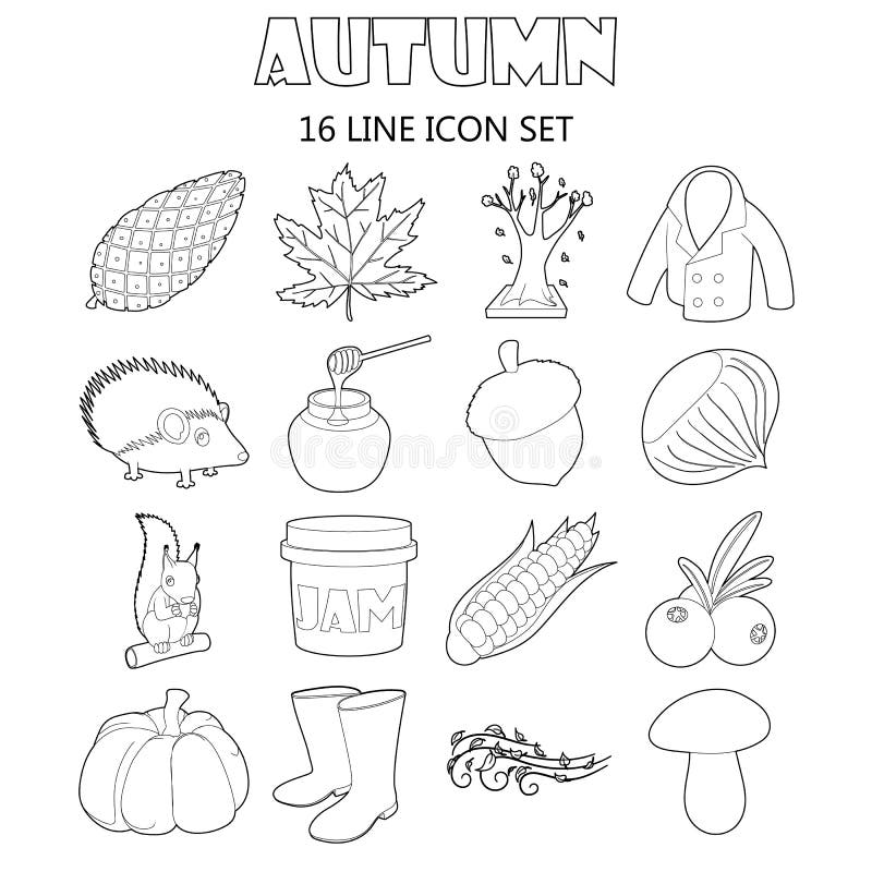 Autumn Icons Set, Outline Style Stock Vector - Illustration of forest ...
