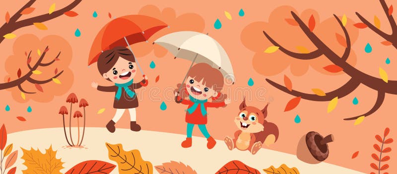 Autumn Illustration with Cartoon Kids Stock Illustration - Illustration ...
