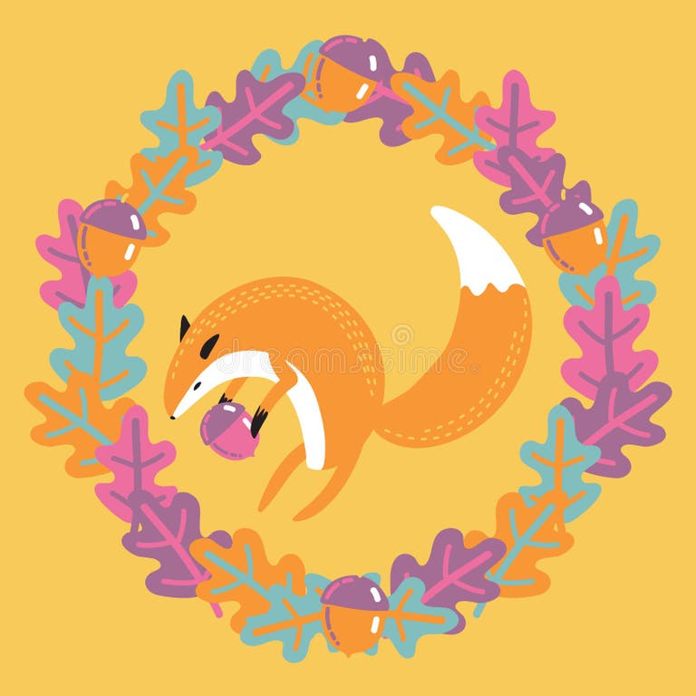 Autumn Illustration of Fox with an Acorn in a Wreath Stock Illustration ...