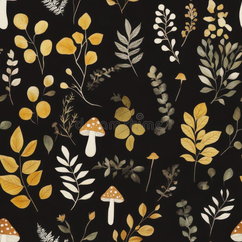 Autumn-Inspired Botanical Pattern with Mushrooms on Black Background ...