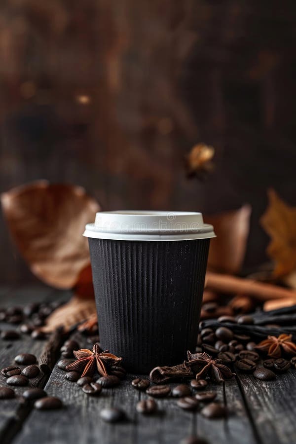 Autumn-Inspired Coffee Break: Disposable Cup Surrounded by Coffee Beans ...