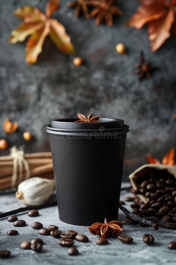 Autumn-Inspired Coffee Break: Disposable Cup Surrounded by Coffee Beans ...