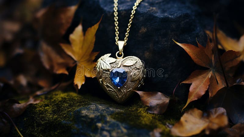Autumn-inspired Gold Heart Locket with Blue Stone Stock Illustration ...