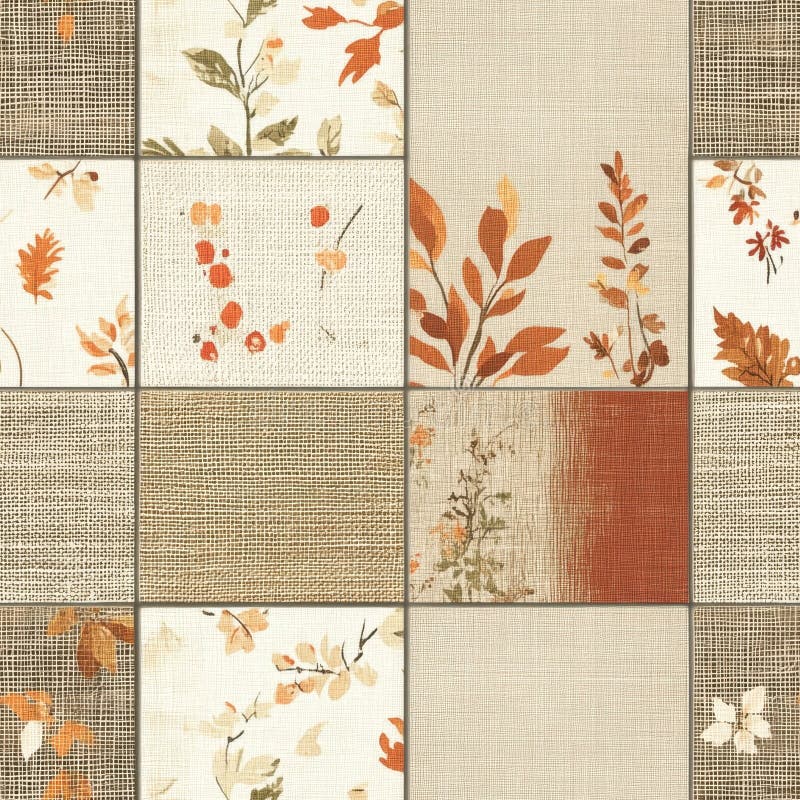 Autumn-Inspired Patchwork Canvas with Textured Fabric and Foliage Stock ...