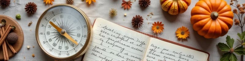 Autumn Journaling with Compass, Pumpkins, and Seasonal Decorations ...