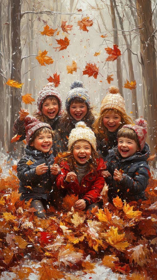 Autumn Joy, Children Laughing in a Forest of Falling Leaves ...