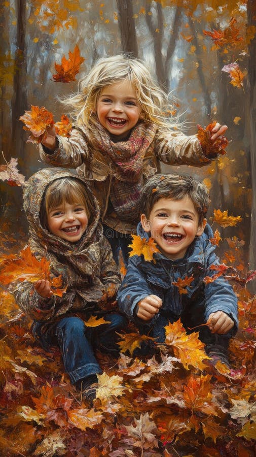 Autumn Joy, Children Playing in a Pile of Fall Leaves Illustration ...