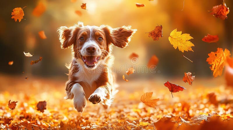 Autumn Joy: Happy Spaniel Runs through Falling Leaves in Golden ...