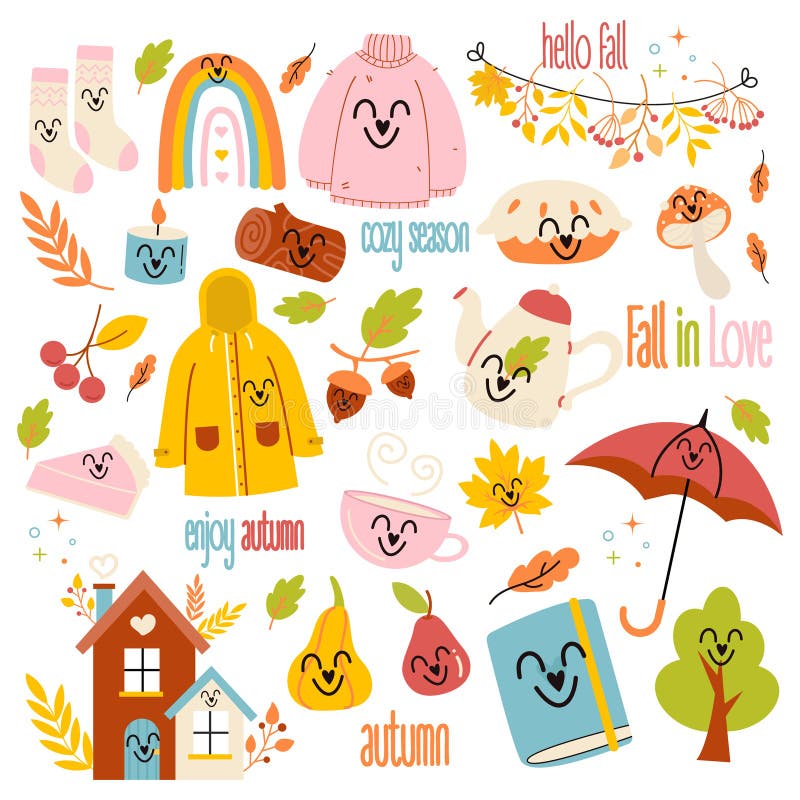 Autumn Kawaii Elements Pack. Autumn Clipart Stock Illustration ...