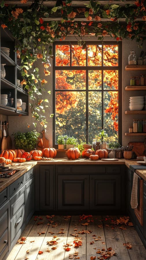 Autumn Kitchen Interior 3D Illustration Stock Illustration ...